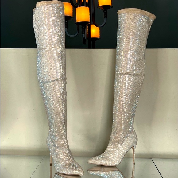 Vigo Fiore | Shoes | Rhinestone Embellished Nude Over The Knee Boots ...